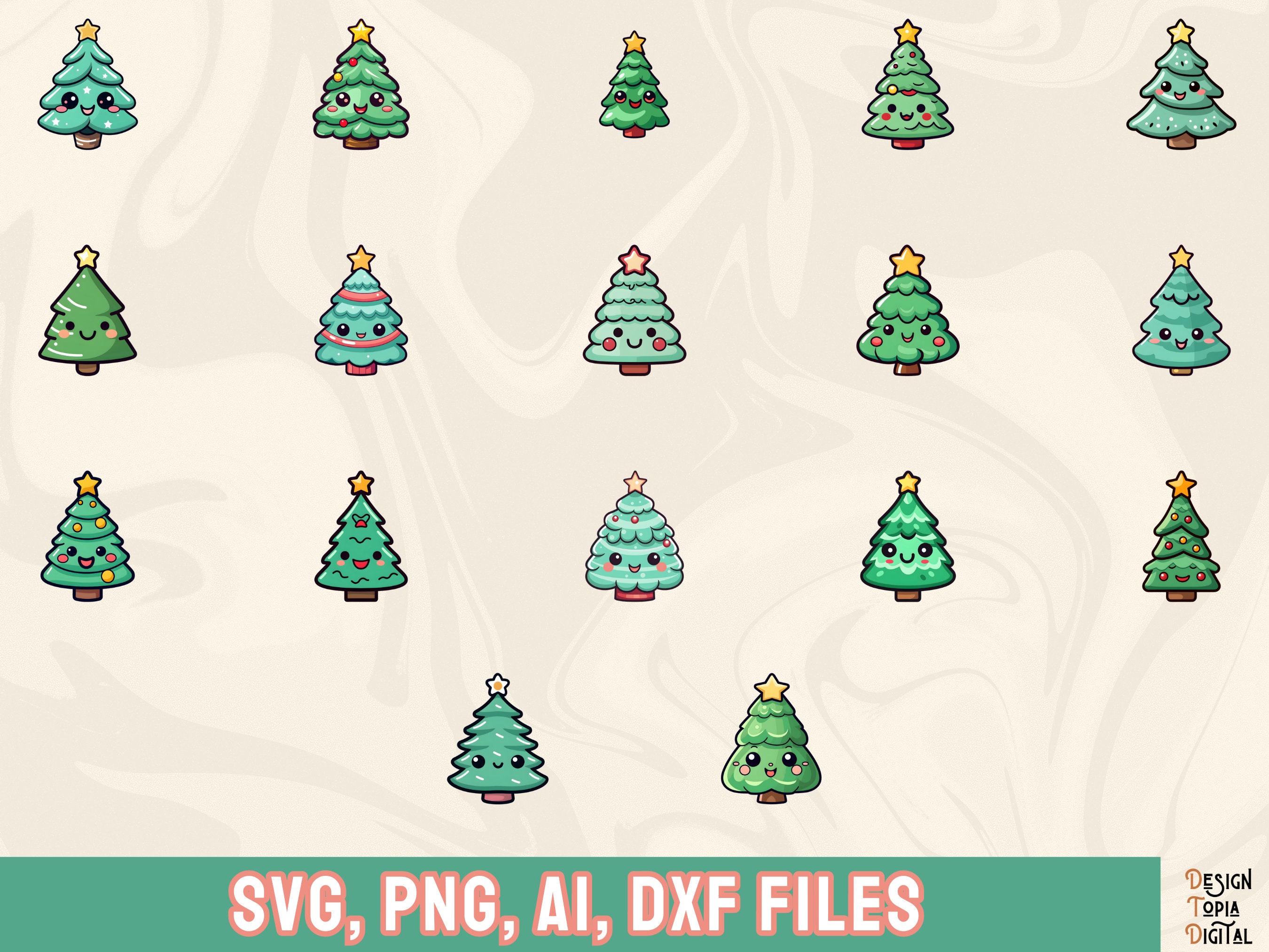 Kawaii christmas tree Clipart, PNG SVG Bundle, 20 cute Kawaii png ...