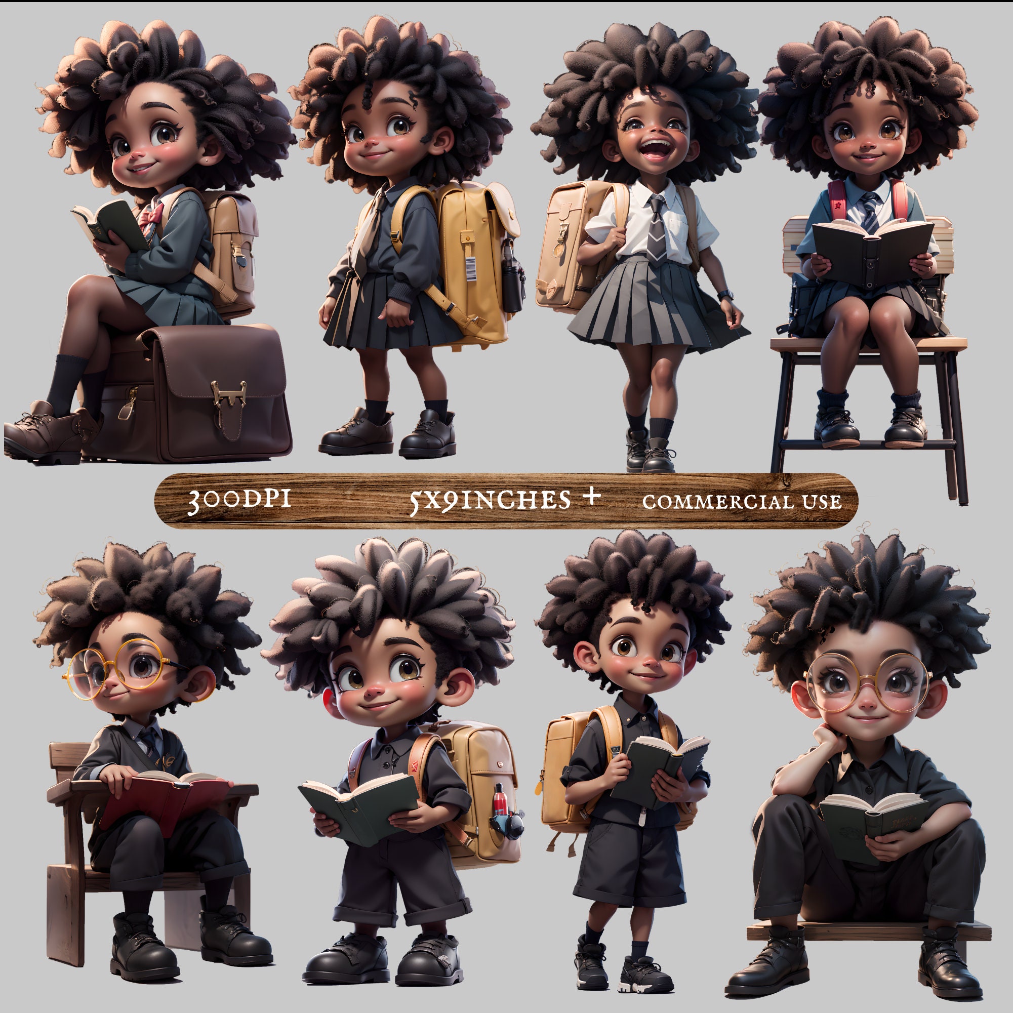 Black Kids Back to School, 27 Clipart 6 Art Bundle, African American ...