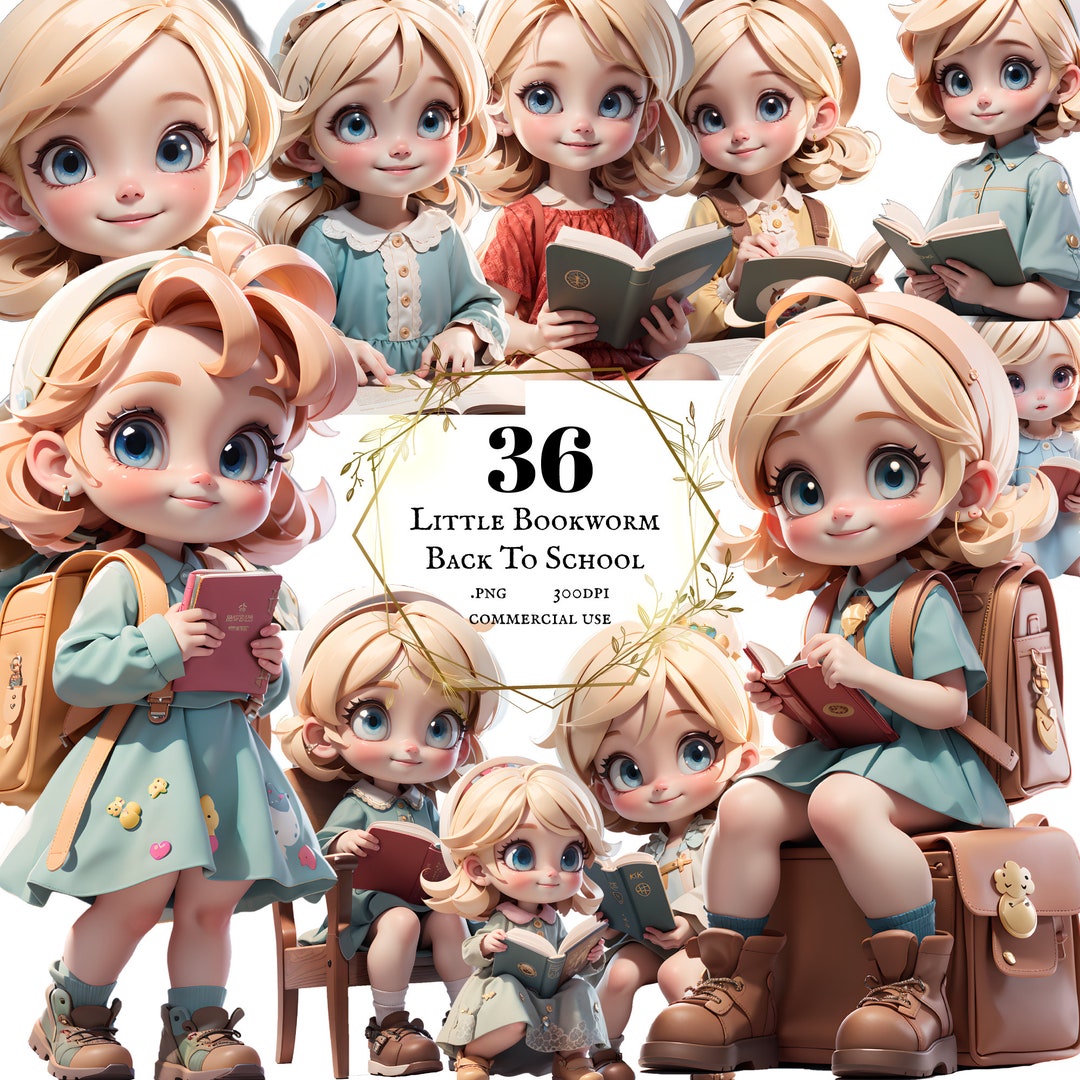 Little Bookworm Back to School Girls 36 Clipart PNG Bundle Clipart ...