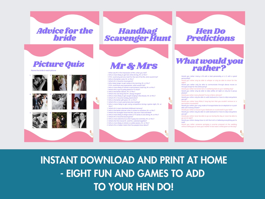 Hen Do Game Printable Bundle, 8 Fun Games for Memorable Hen Party ...