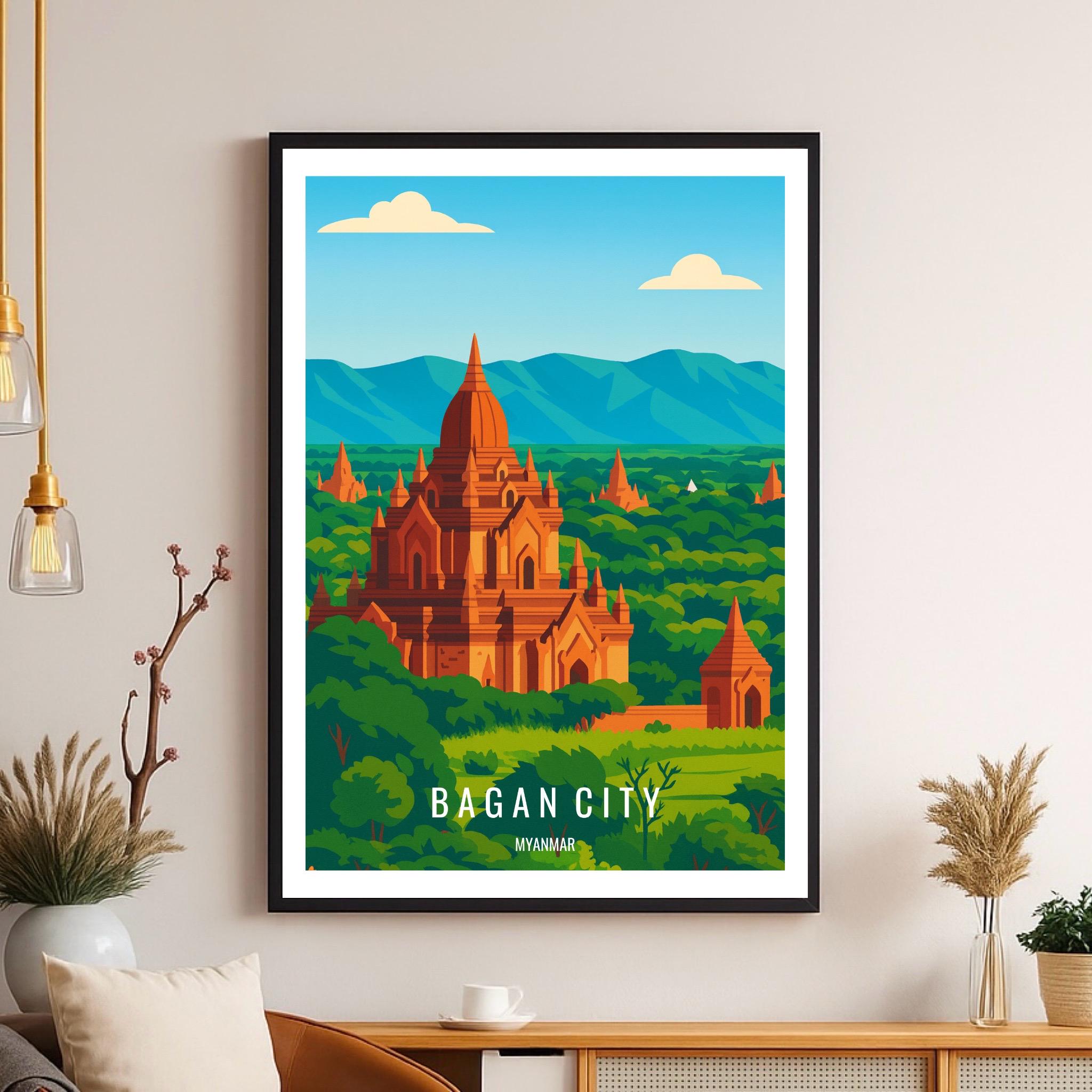 Bagan City Travel Poster Bagan City Print Wall Art Myanmar Illustration ...