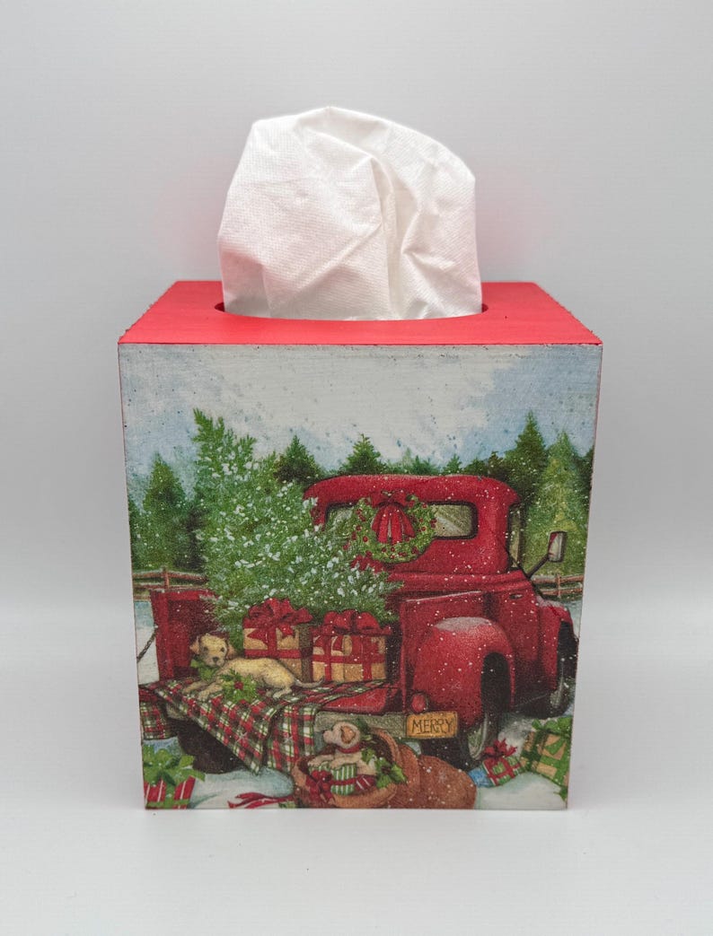 Handmade Red Truck Christmas Tissue Box Cover – Farmhouse Holiday Decor ...