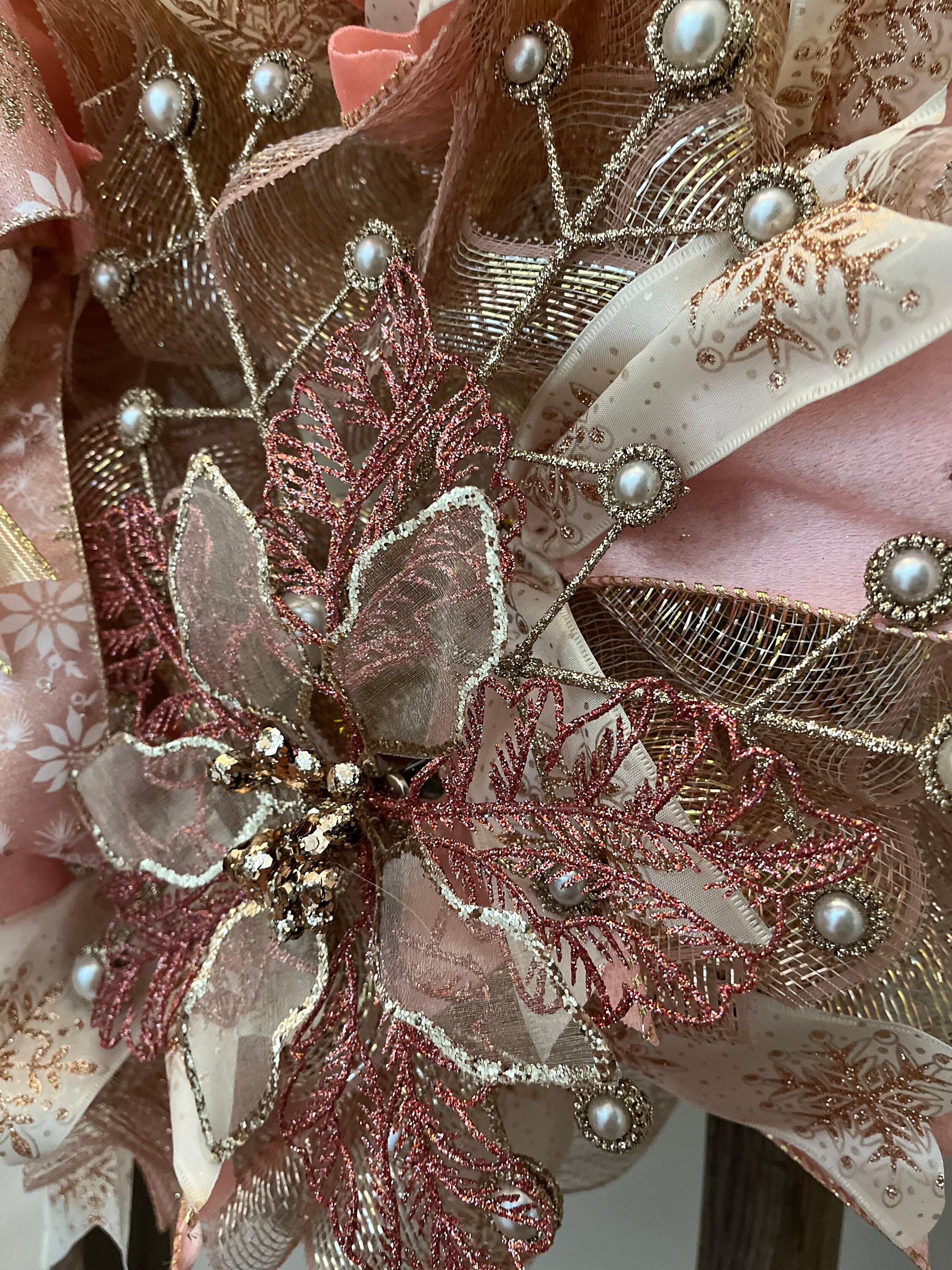 Glitzy Winter Wonderland Ribbon Wreath Rose Gold, Gold, and White ...