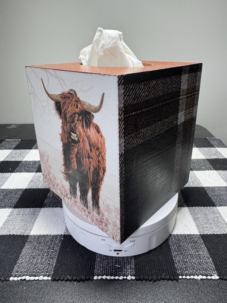 Highland Cow Tissue Box Cover – Rustic Farmhouse Decor, Plaid Wooden ...