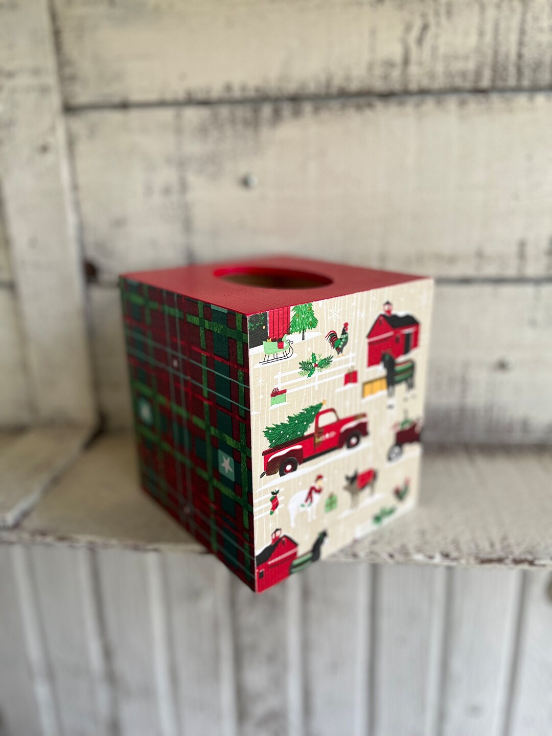 Farmhouse Family Christmas Tissue Box Cover - Rustic Farm-themed ...