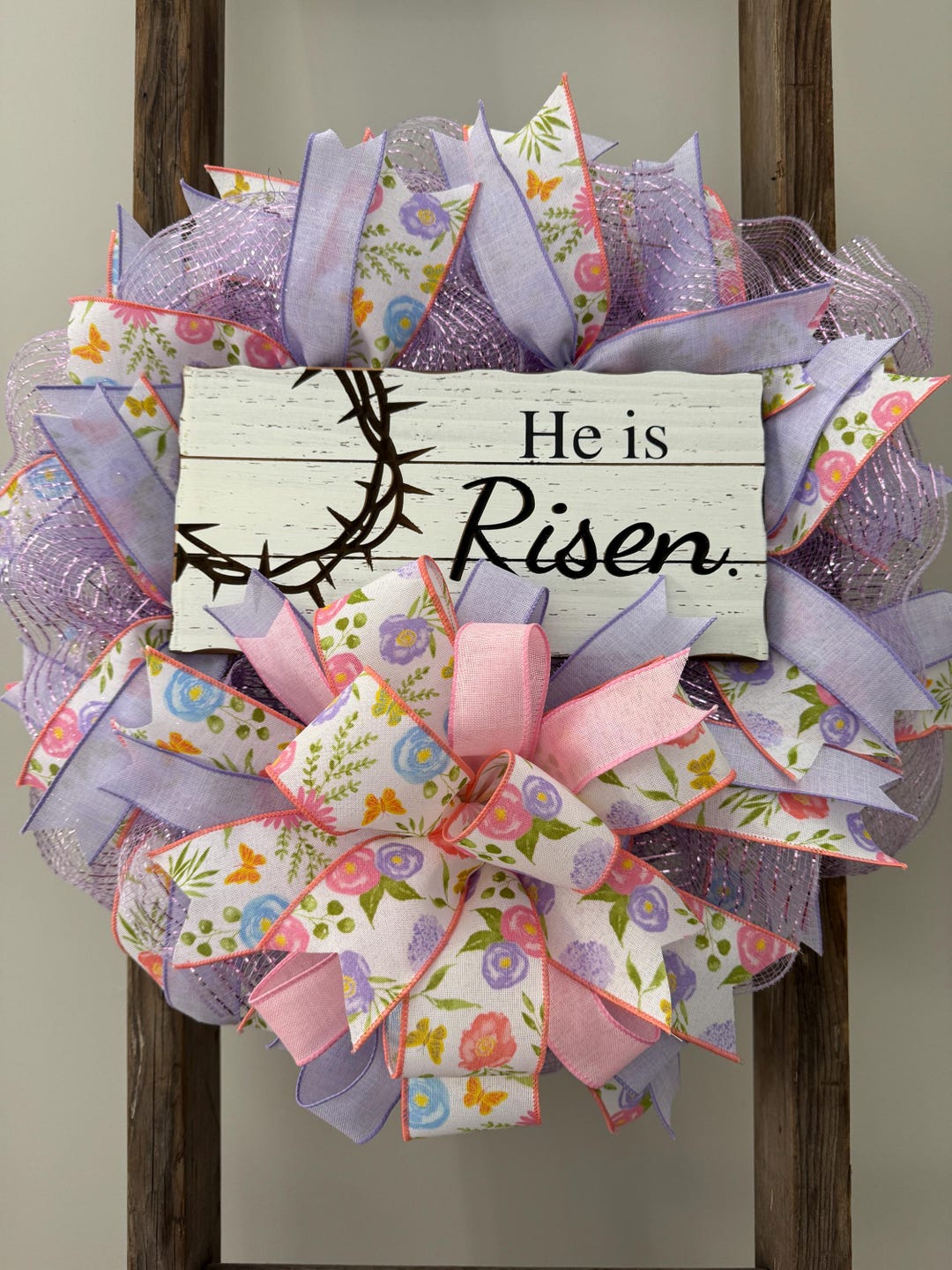 He is Risen Easter Wreath | Christian Front Door Decor | Handmade Deco ...