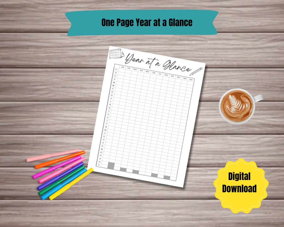 Year at a Glance One Page Printable - Etsy