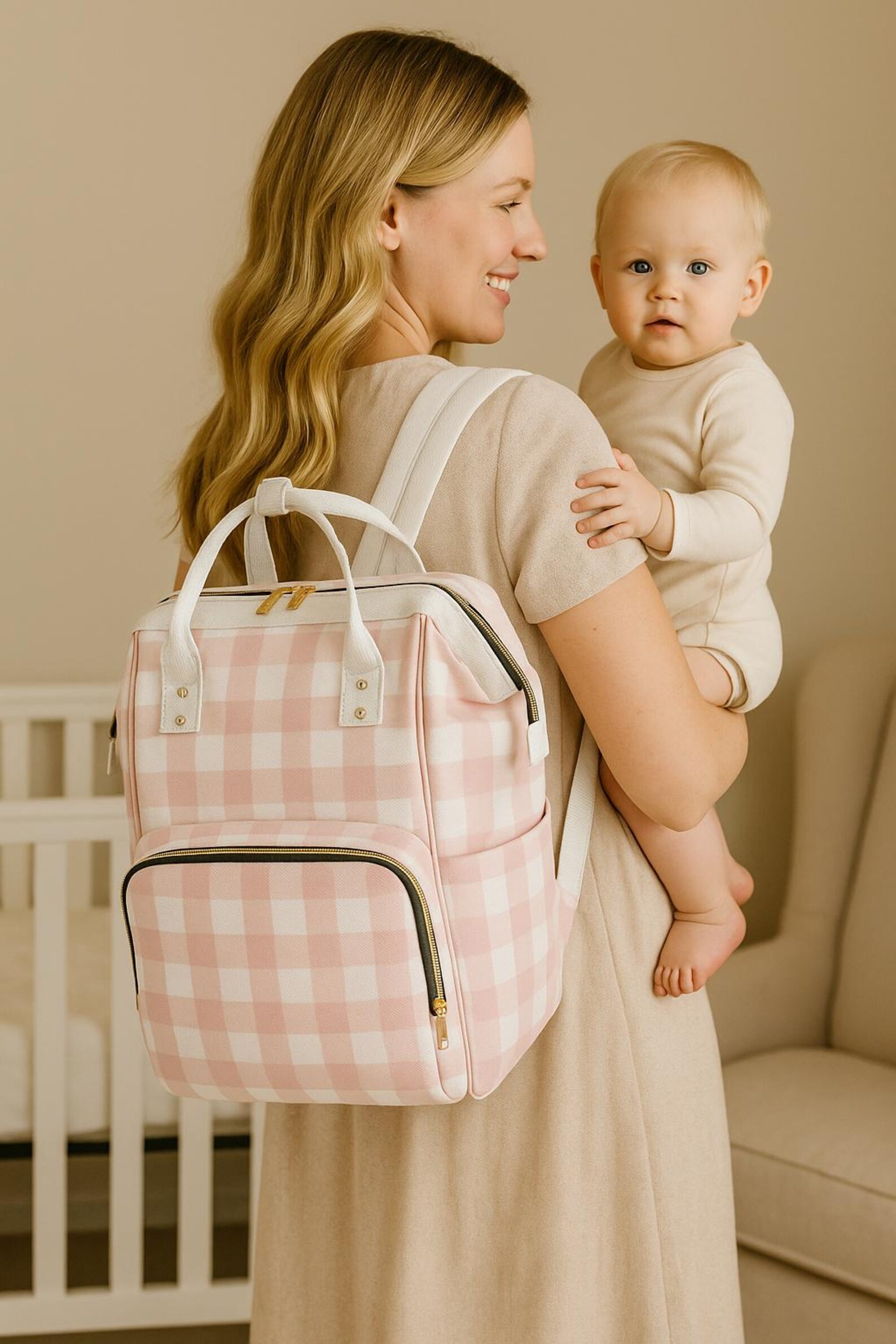 Blush Gingham Diaper Backpack: Preppy Nylon Baby Bag - Etsy