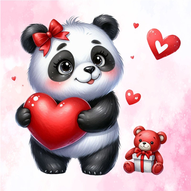 Watercolor Cute Panda Valentine Clipart, 10 PNG Valentine's Day Clipart ...