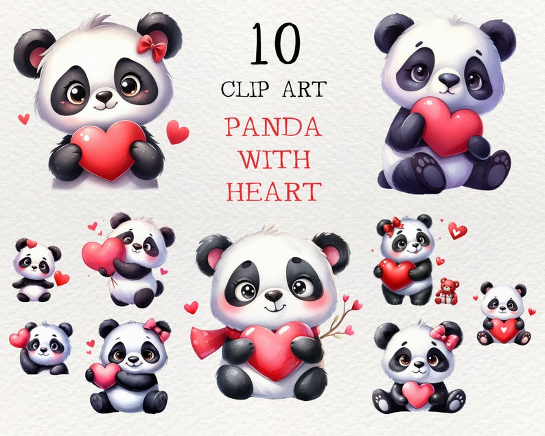 Watercolor Cute Panda Valentine Clipart, 10 PNG Valentine's Day Clipart ...