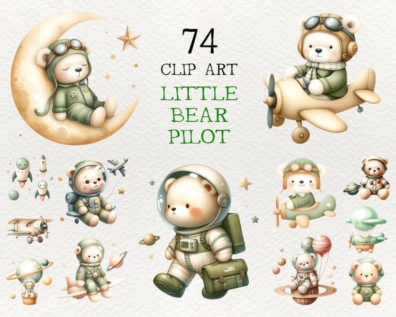 Watercolor Pilot Bear Clipart, Airplane PNG, Nursery Art - Etsy