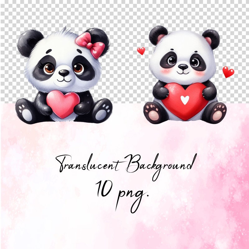 Watercolor Cute Panda Valentine Clipart, 10 PNG Valentine's Day Clipart ...