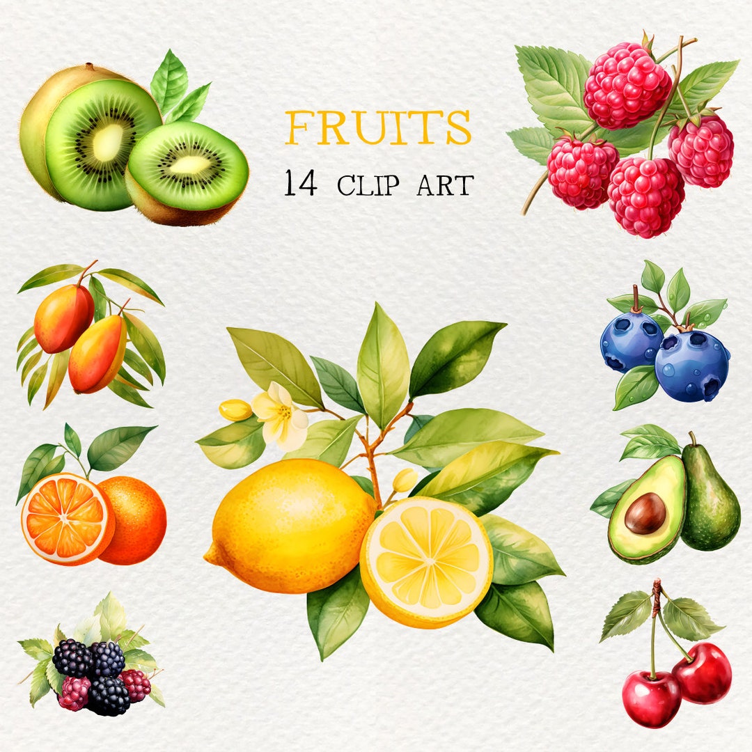 Fruit Clipart, Mixed Fruit, Lemon, Banana, Avocado, Grape, Orange ...