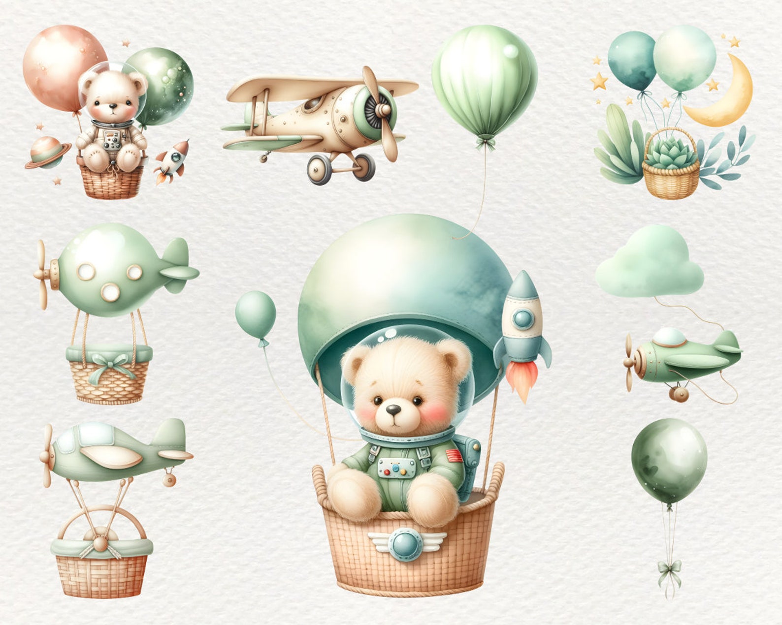Watercolor Pilot Bear Clipart, Airplane PNG, Nursery Art - Etsy