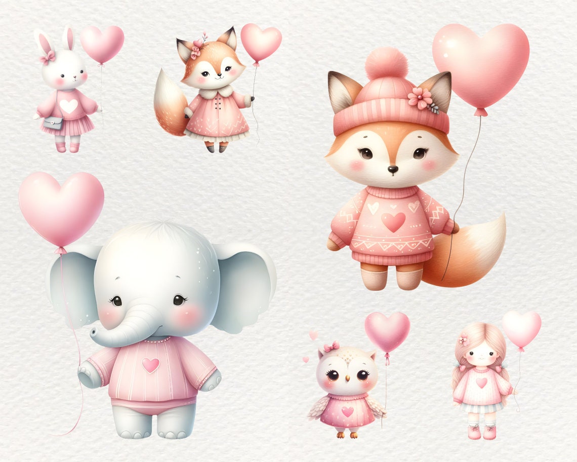 Watercolor Valentine Animals Clipart, Romantic Nursery PNG Set (23 ...
