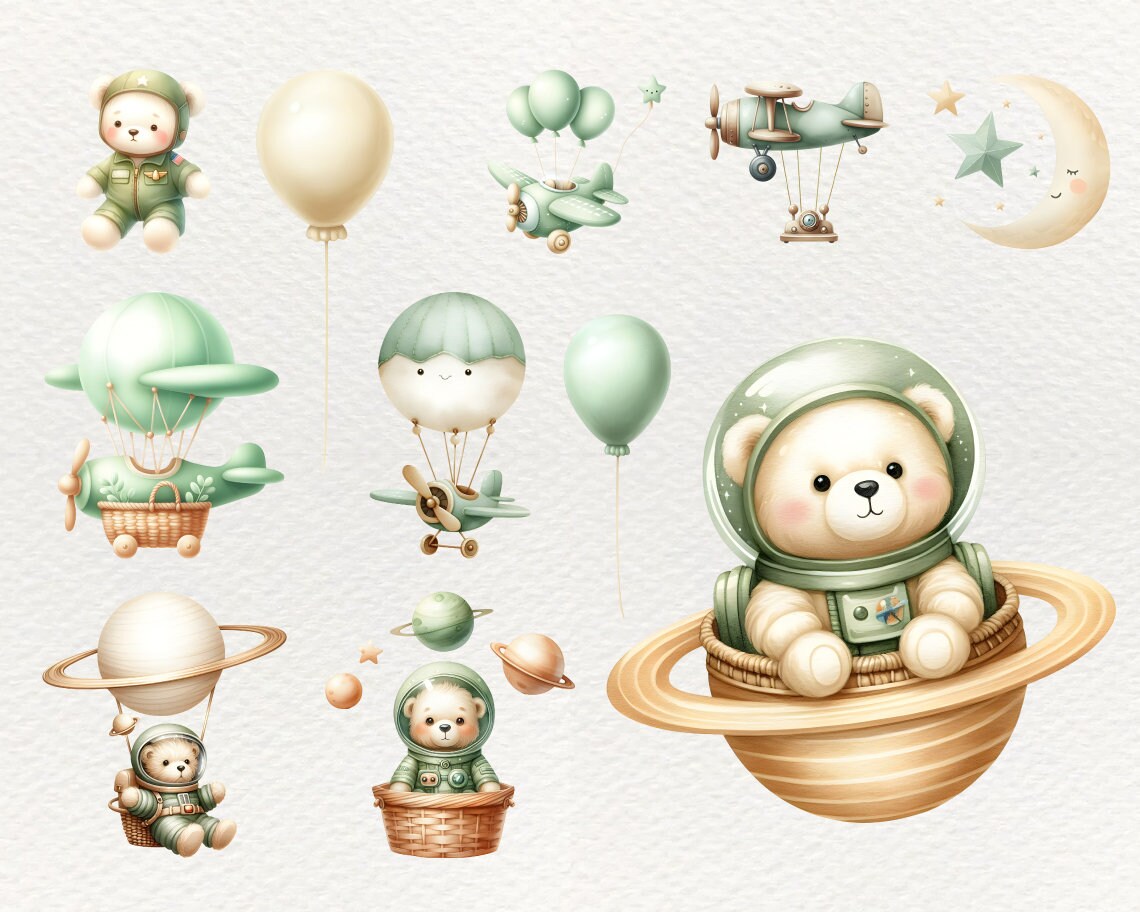 Watercolor Pilot Bear Clipart, Airplane PNG, Nursery Art - Etsy