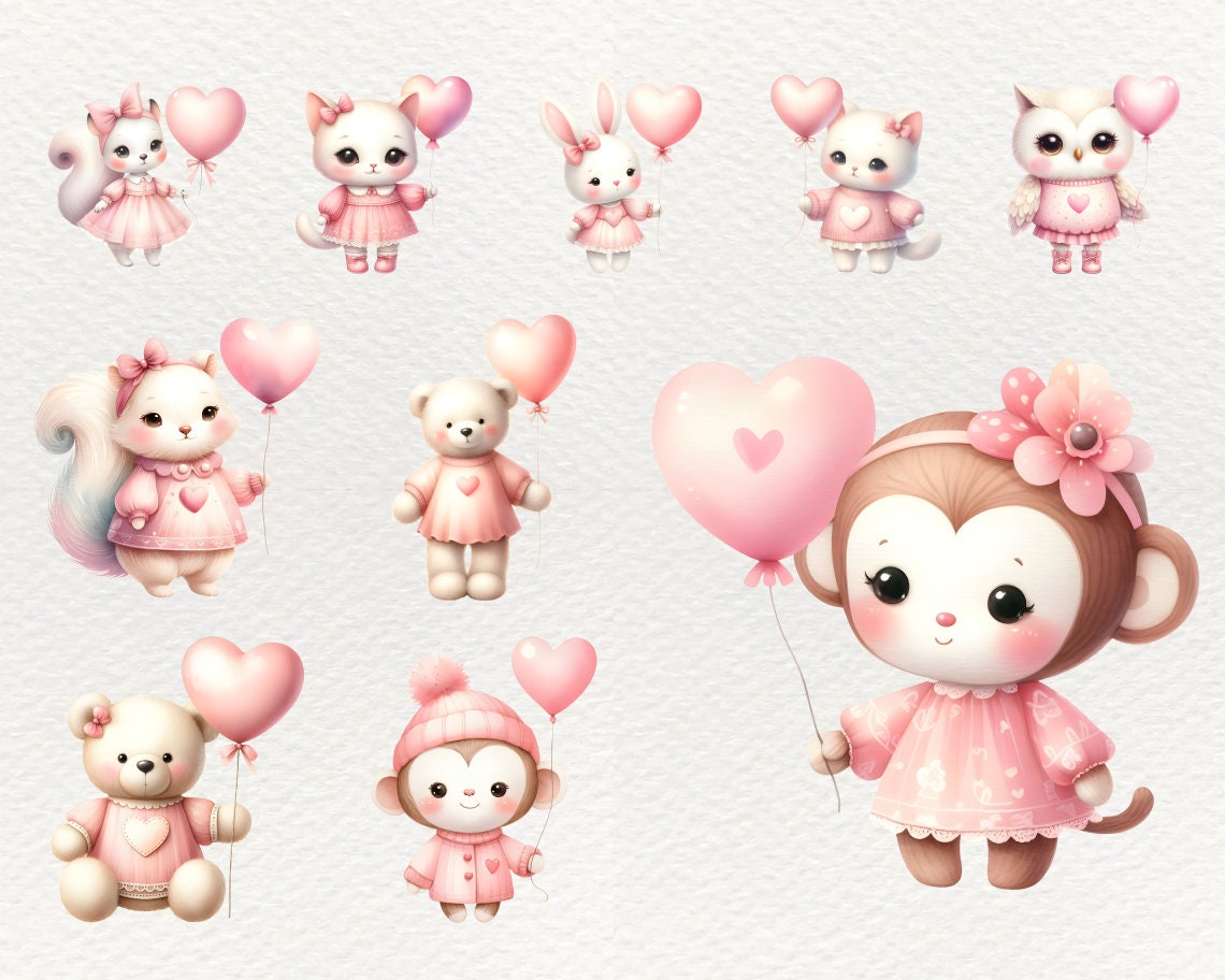 Watercolor Valentine's Day Collage, Animals in Love, 23PNG, Romantic ...