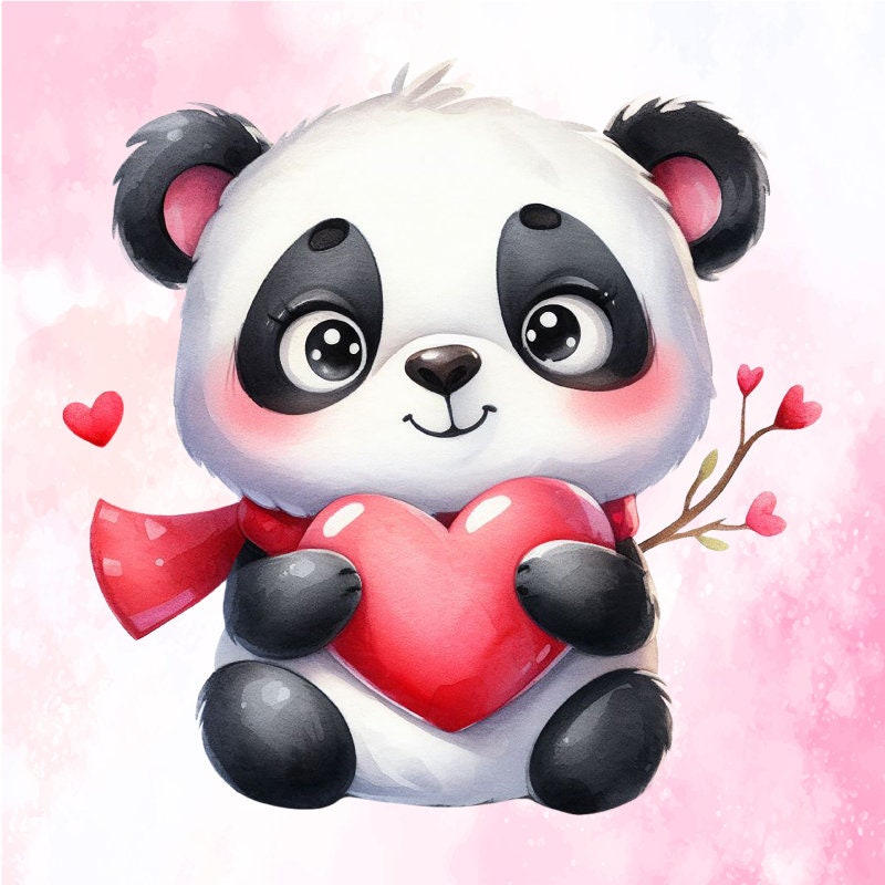 Watercolor Cute Panda Valentine Clipart, 10 PNG Valentine's Day Clipart ...