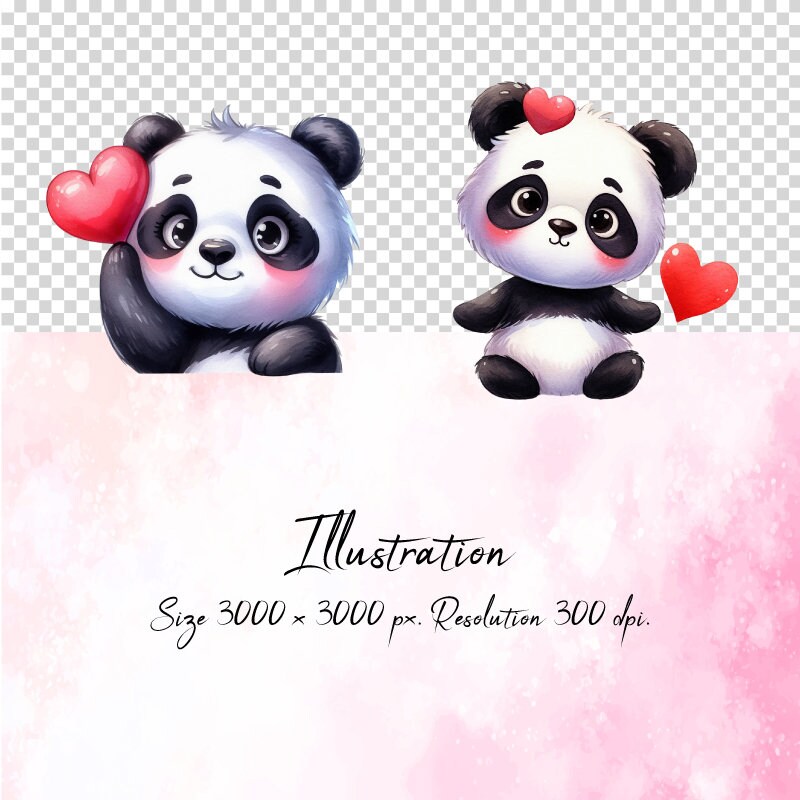Watercolor Cute Panda Valentine Clipart, 10 PNG Valentine's Day Clipart ...