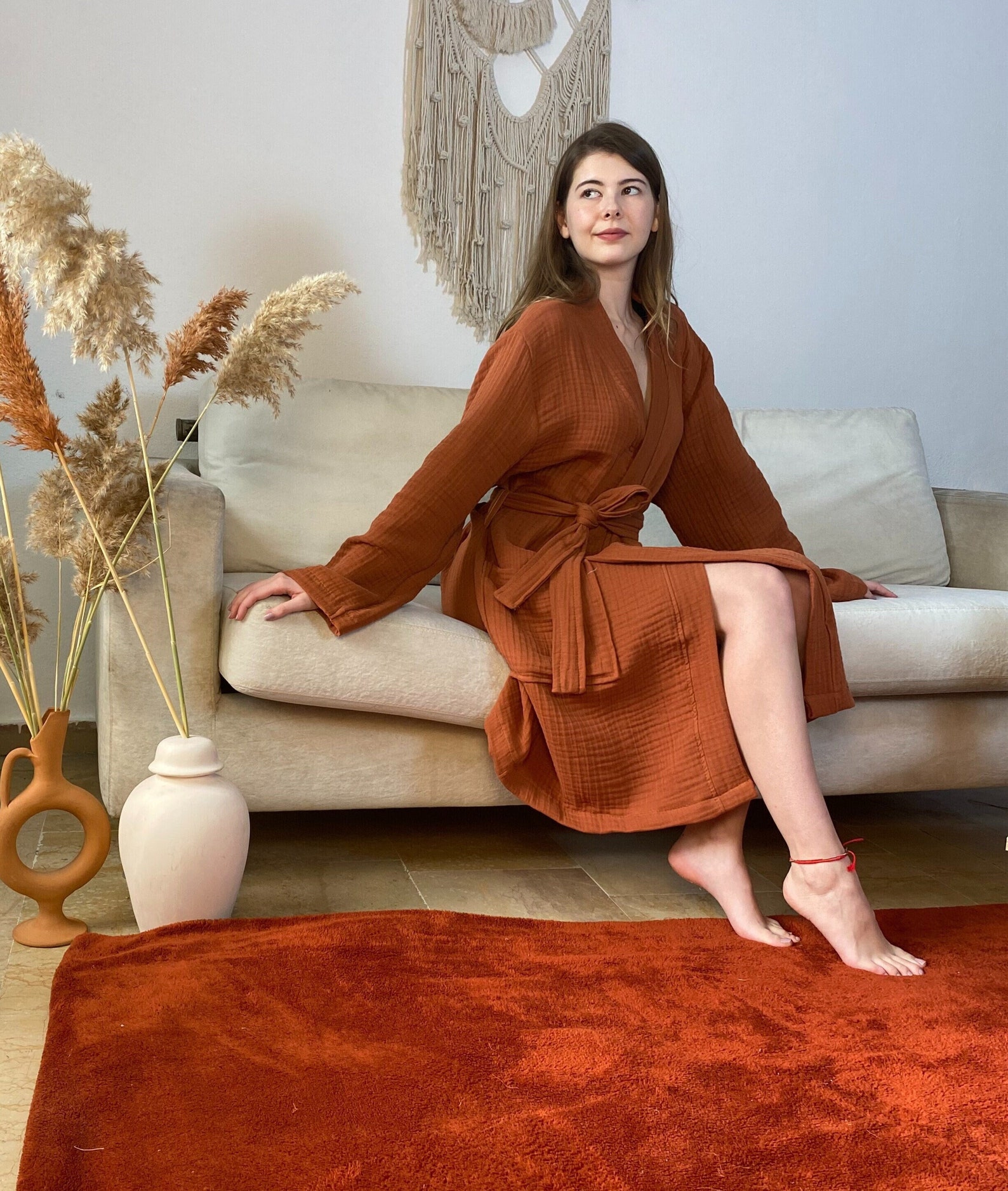 4 Layers Organic Cotton Muslin Robe, Dressing Gown, Soft Bathrobe ...