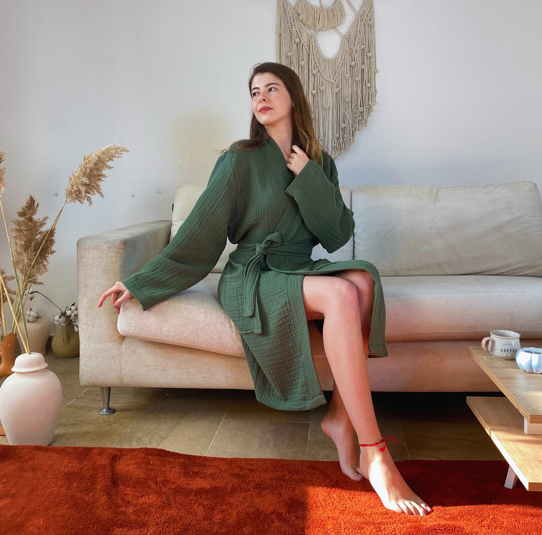 4 Layers Organic Cotton Muslin Robe, Dressing Gown, Soft Bathrobe ...