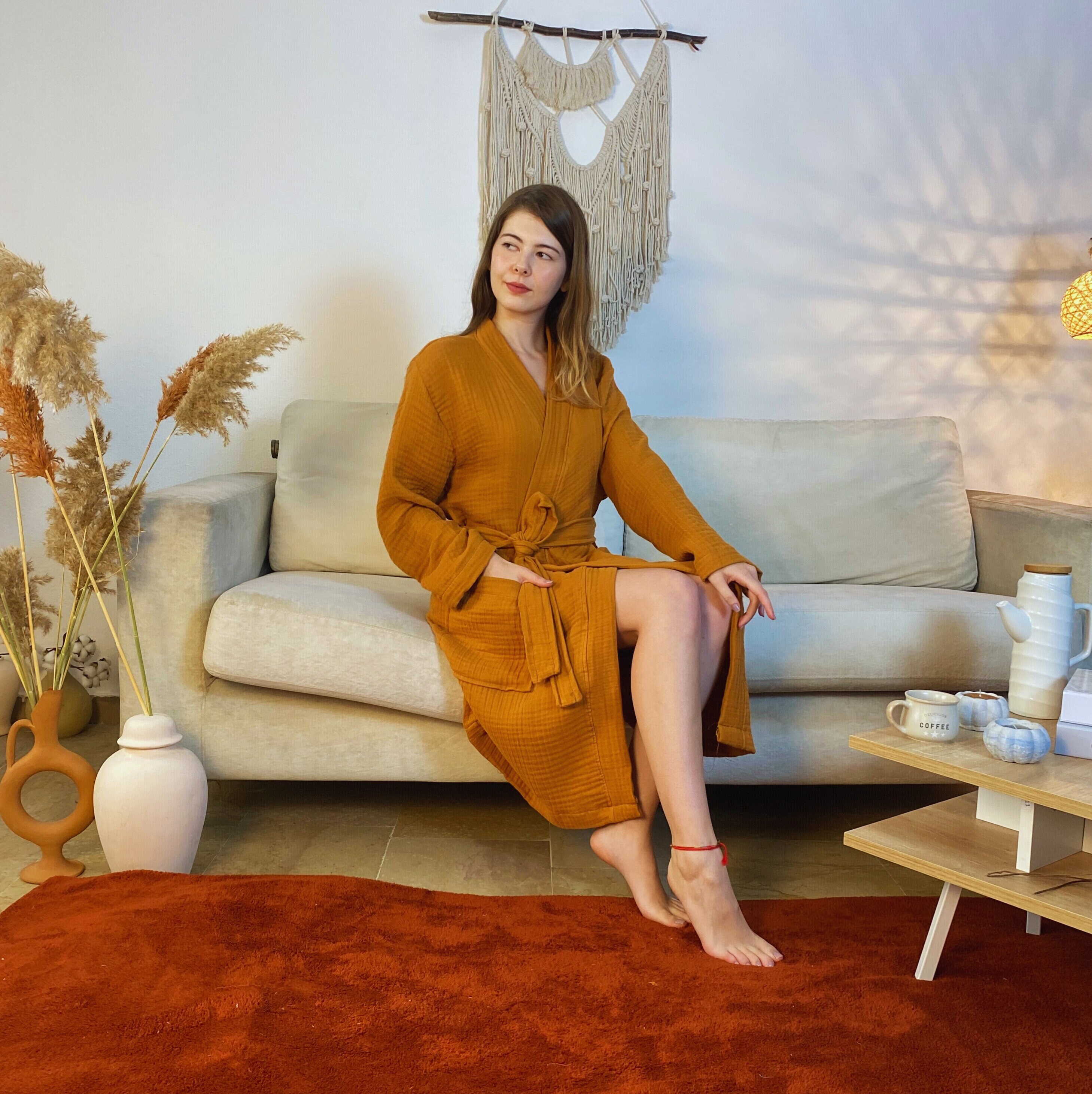 4 Layers Organic Cotton Muslin Robe, Dressing Gown, Soft Bathrobe ...