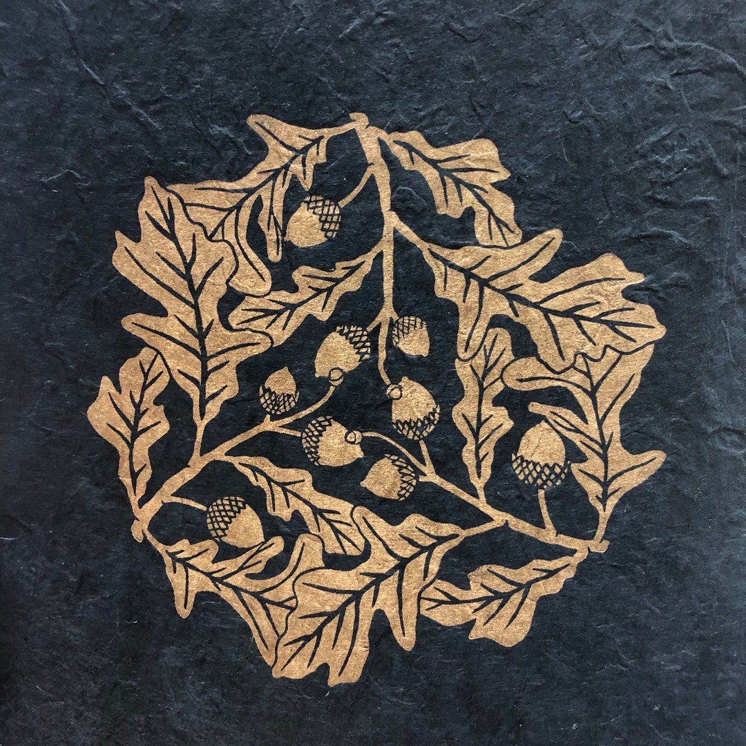Sacred Oak Print on Black | 8 X 8 Print | Linocut Print | Gold Oak ...