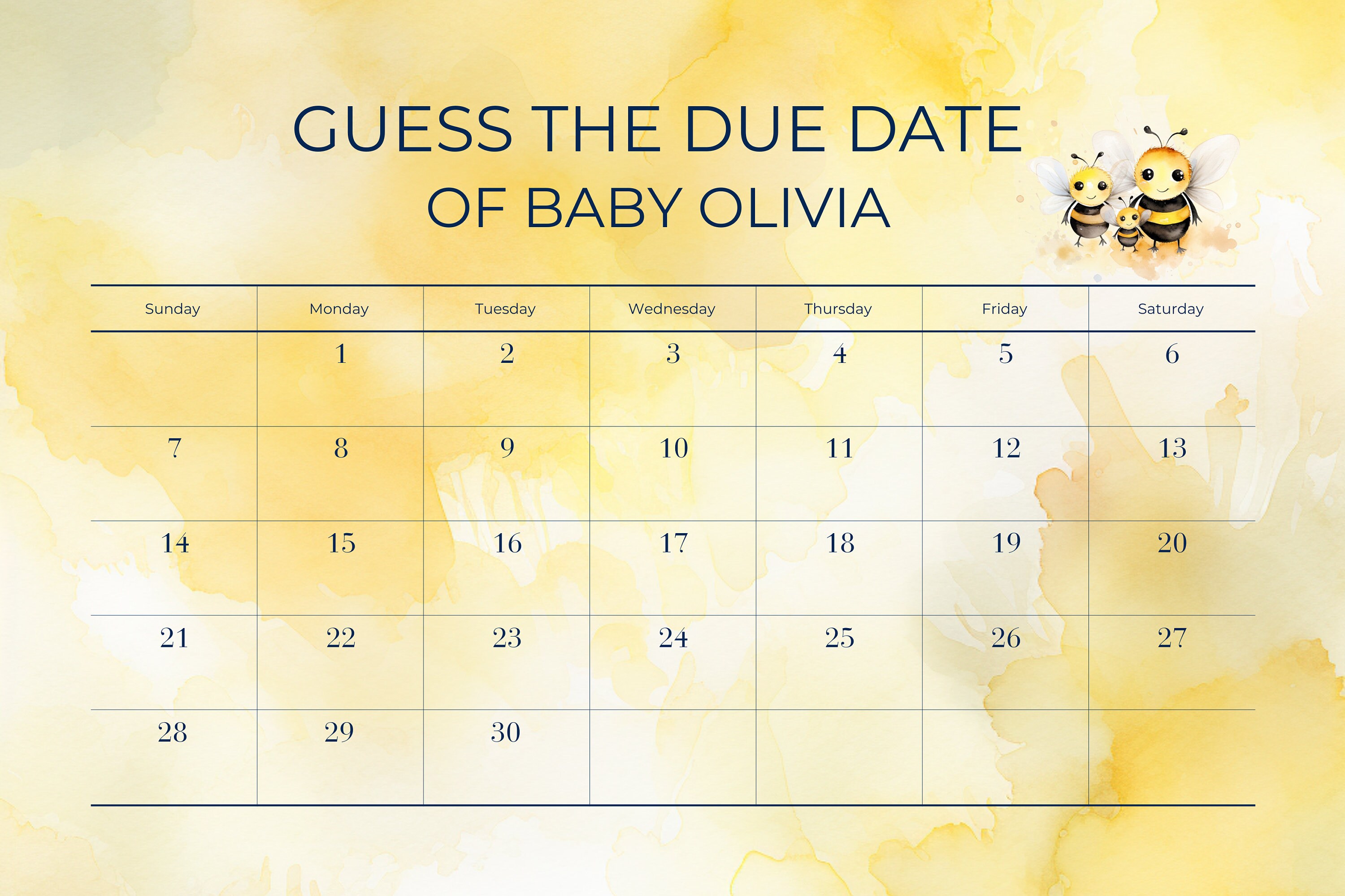 Baby Shower Guess the Due Date Poster, Soon to Bee A Family of Three ...