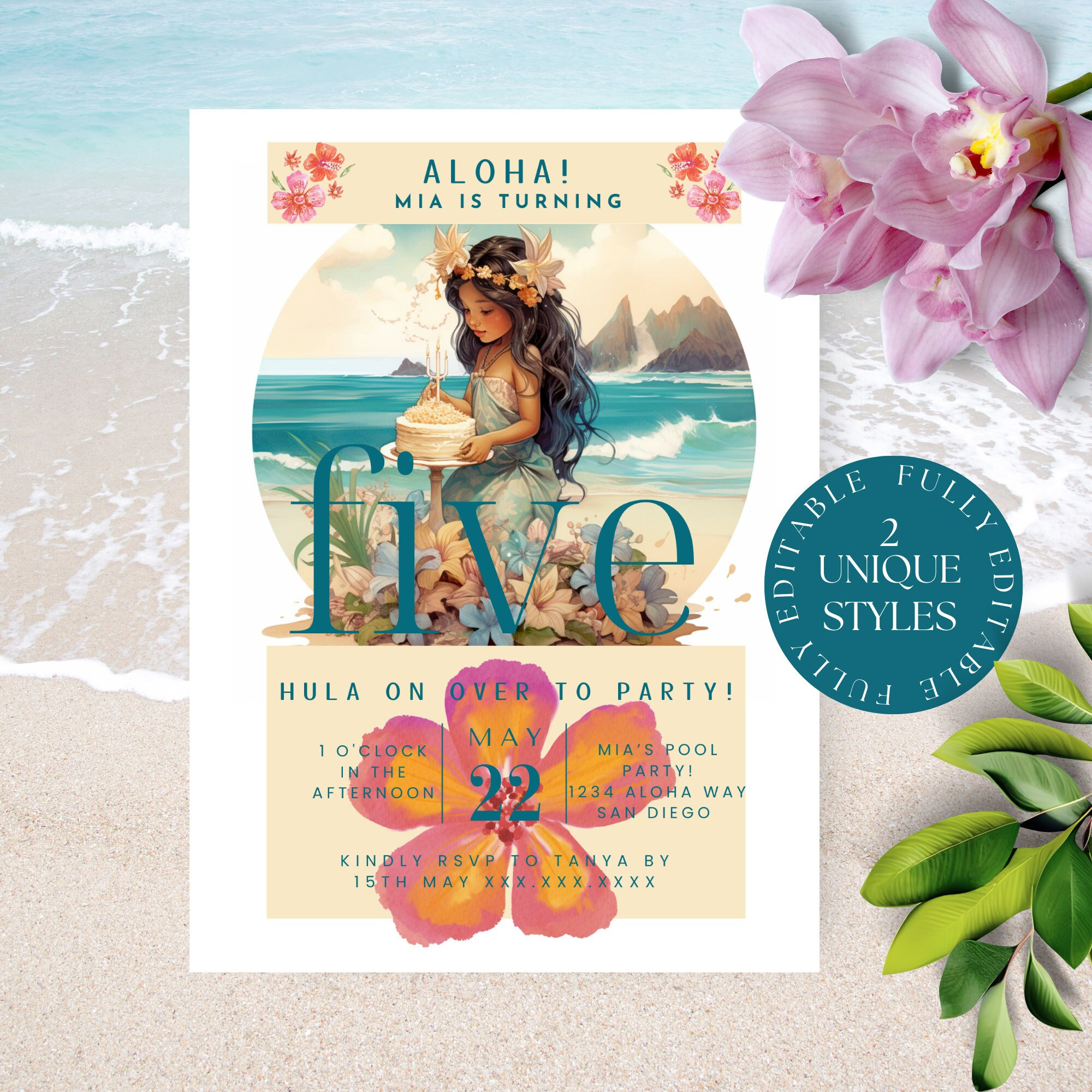 Aloha Girls Birthday Invitation, 2 Styles, Hawaiian Hula Pool Party ...