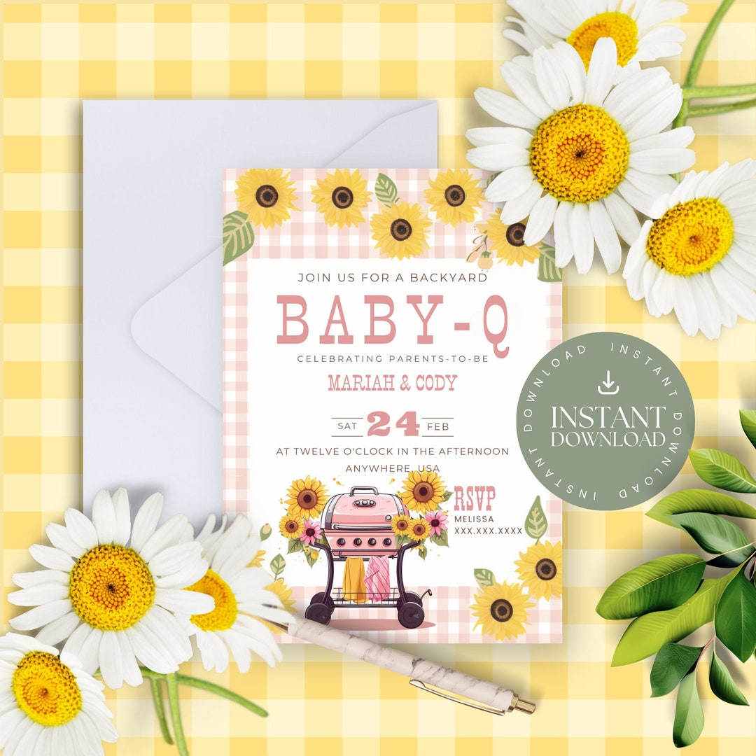 Baby-q, Pink Gingham and Sunflowers Baby Shower Invitation, 2 Styles ...