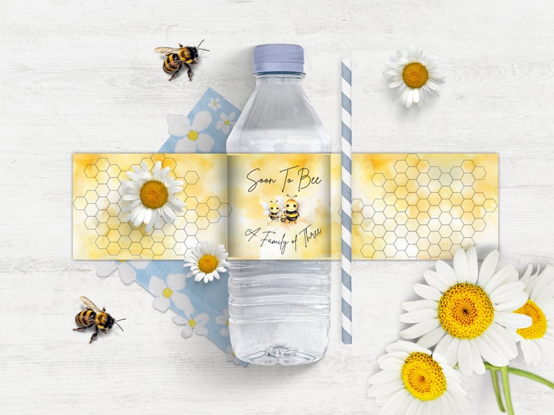 Bee Baby Shower Water Bottle Labels, Soon to Be A Family of Three ...