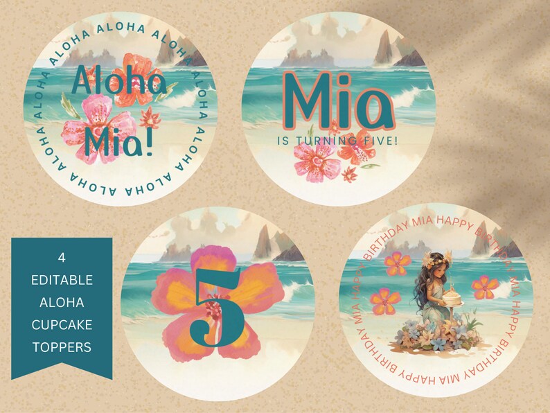 Aloha Birthday Cupcake Toppers, Tropical Hawaiian Luau, Hibiscus ...