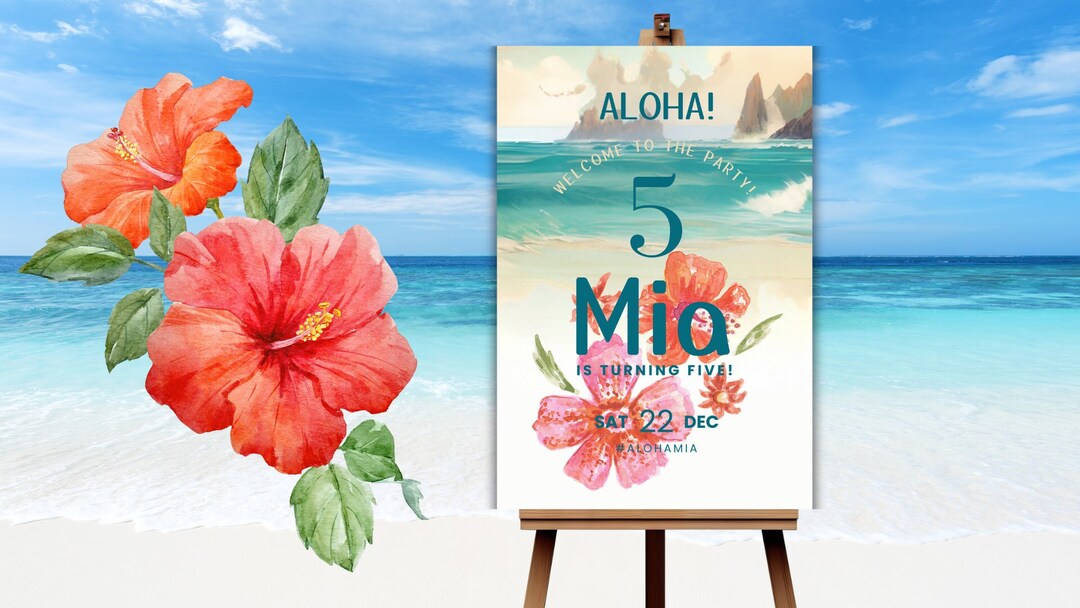 Aloha Birthday Welcome Sign, Tropical Hawaiian Luau Party, Hibiscus ...