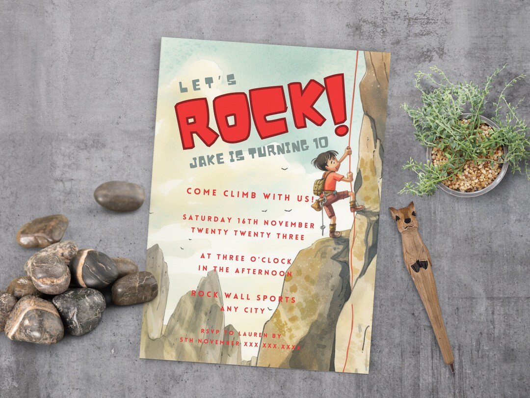 Lets Rock! Birthday Party Invitation, FULLY EDITABLE, Kid Rock Climbing ...