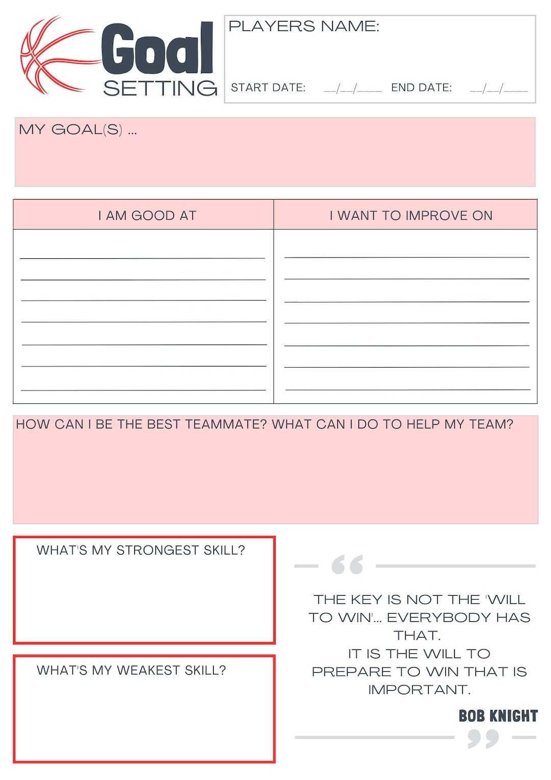 Basketball Goal Setting & Habit Tracker Pack - Digital Download - Red ...