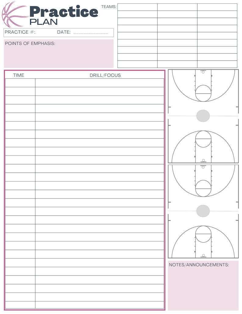 Basketball Practice Plan Templates (3) - Digital Download - Pink - Etsy