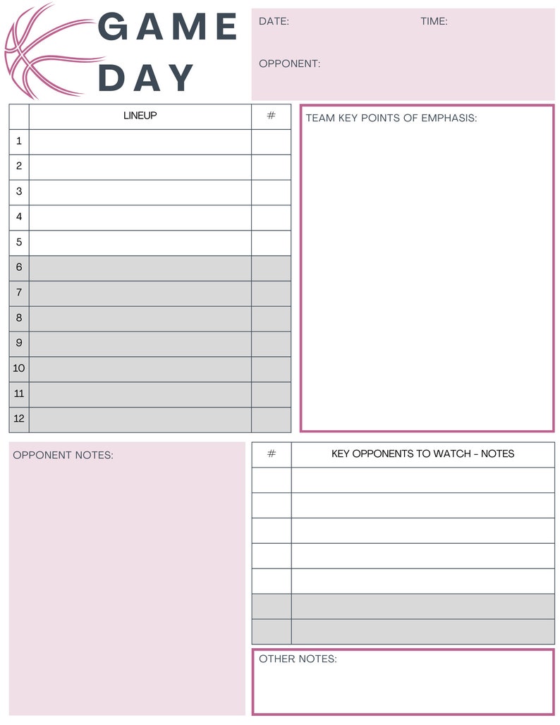 Basketball Coaching Templates (2) - Digital Download - Pink - Etsy