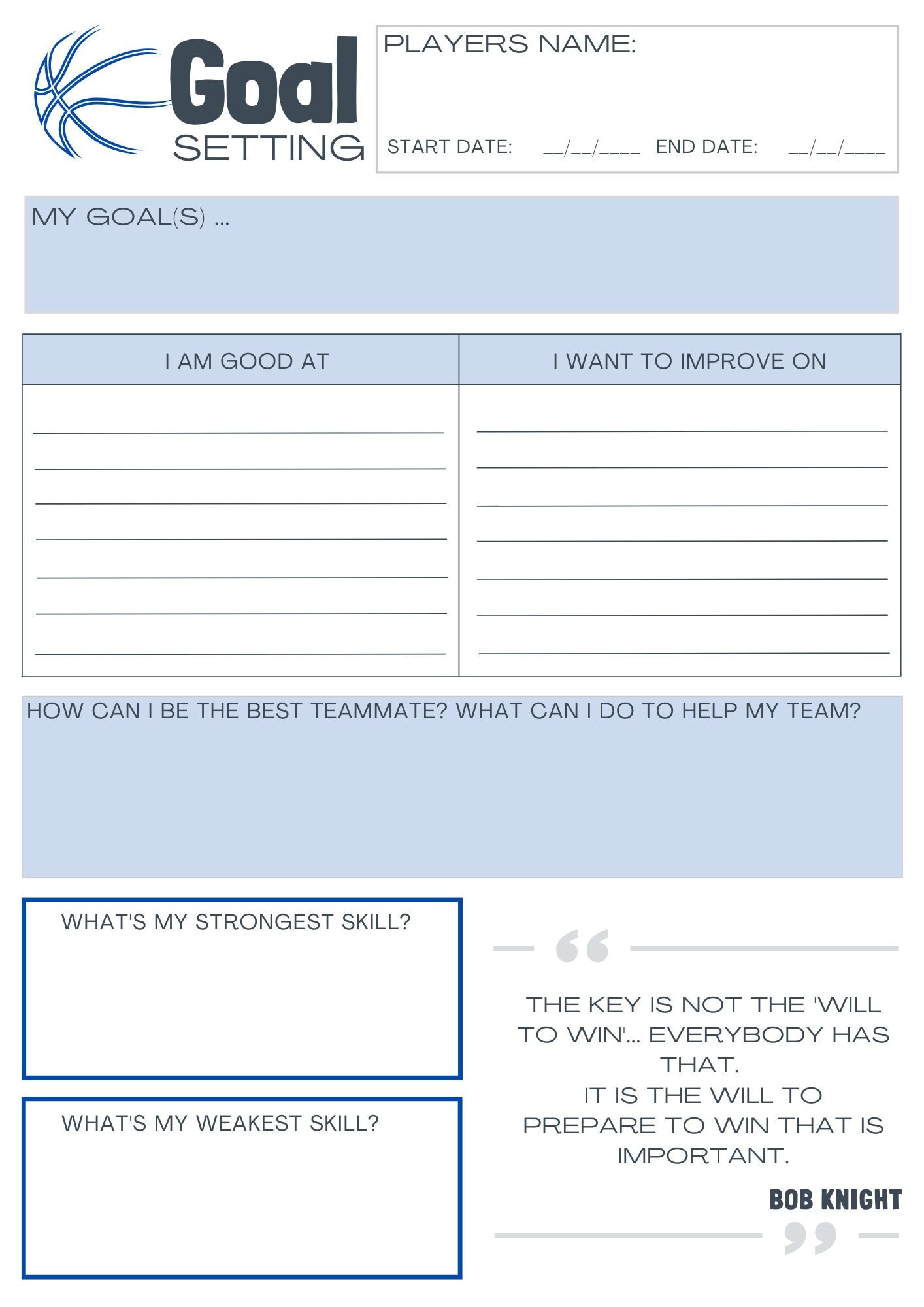 Basketball Goal Setting & Habit Tracker Pack - Digital Download - Blue ...