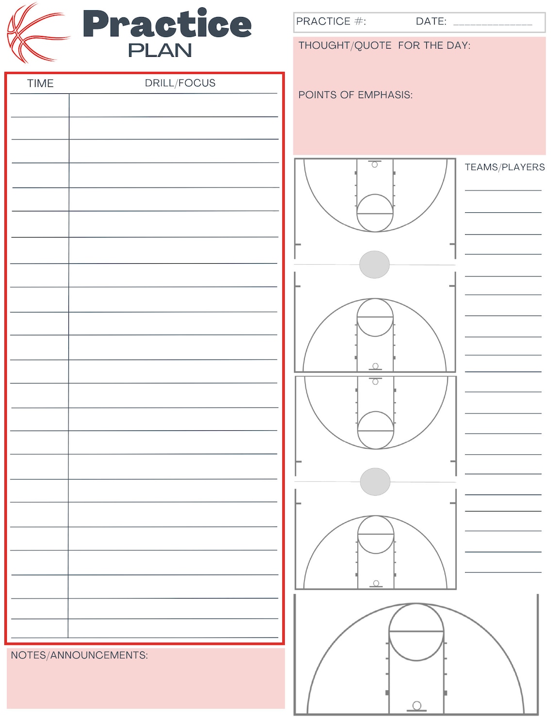 Basketball Practice Plan Templates (3) - Digital Download - Red - Etsy
