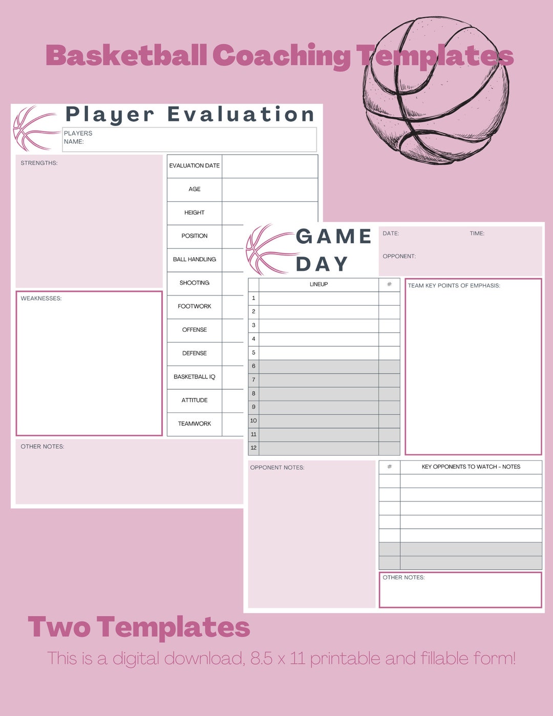 Basketball Coaching Templates (2) - Digital Download - Pink - Etsy