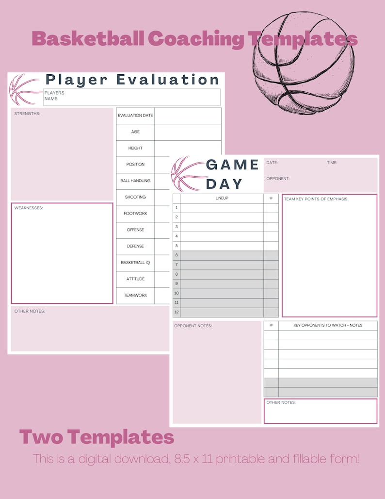 Basketball Coaching Templates (2) - Digital Download - Pink - Etsy