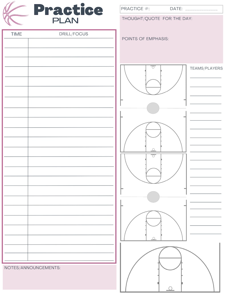 Basketball Practice Plan Templates (3) - Digital Download - Pink - Etsy