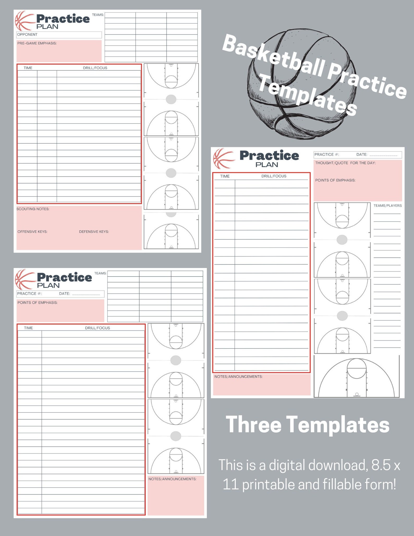 Basketball Practice Plan Templates (3) - Digital Download - Red - Etsy