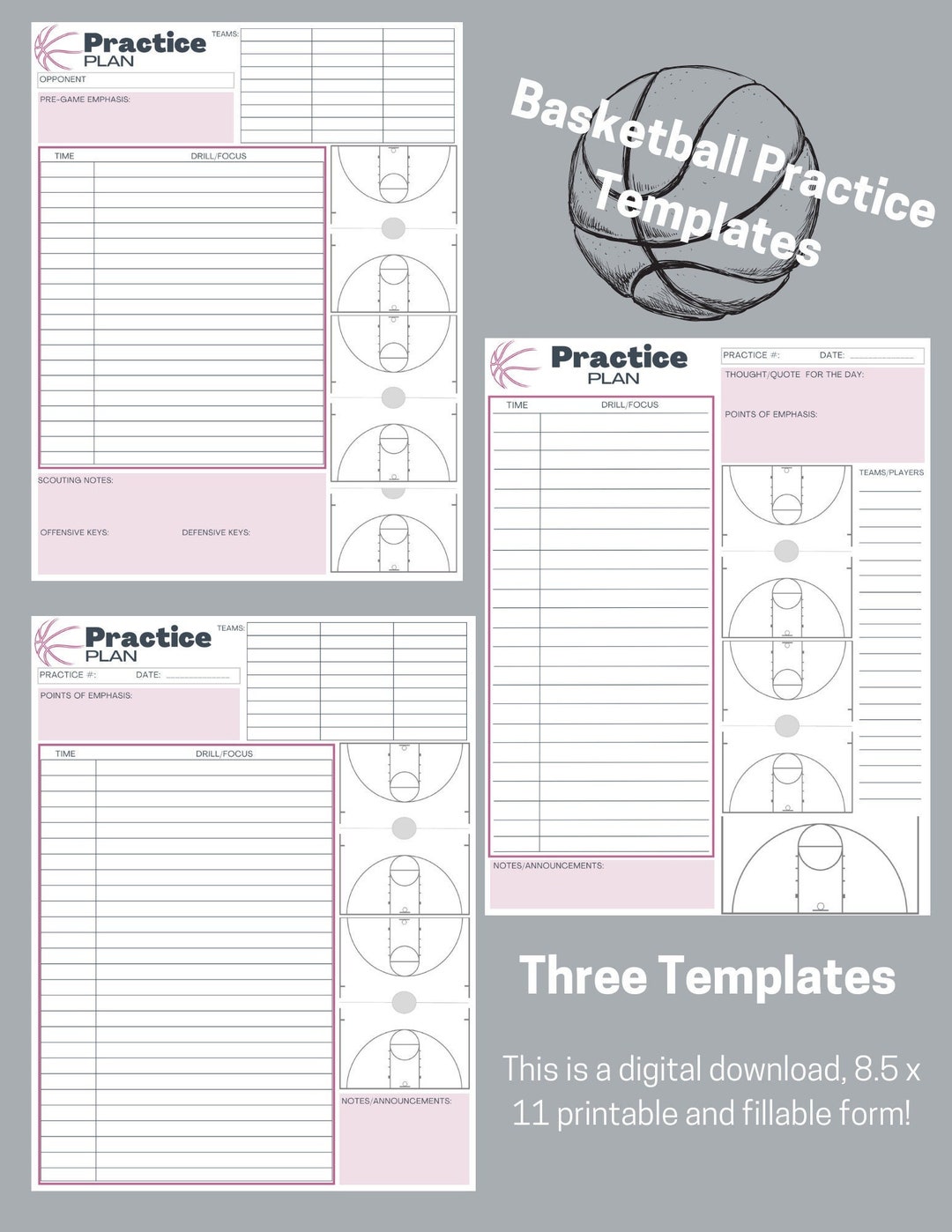 Basketball Practice Plan Templates (3) - Digital Download - Pink - Etsy