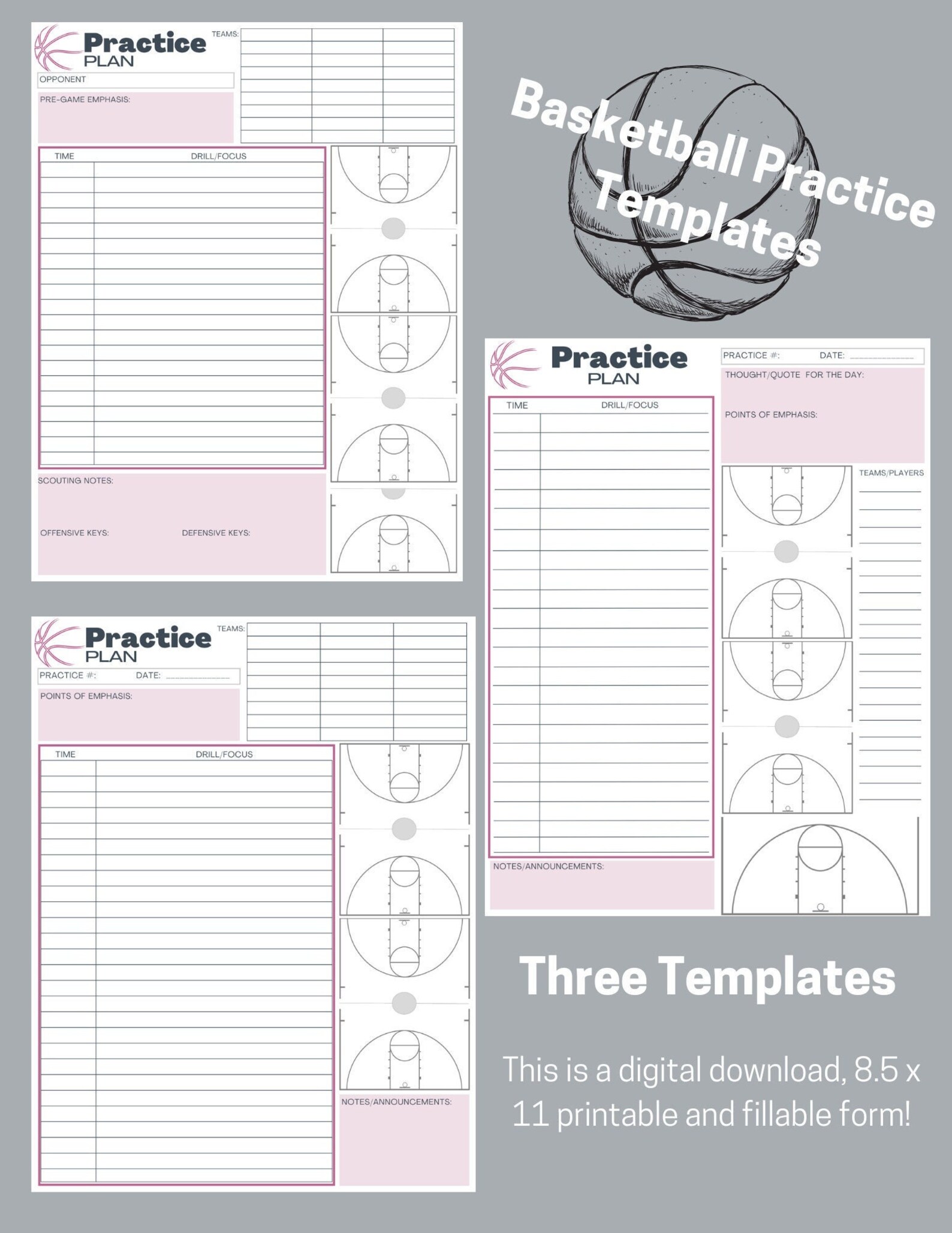 Basketball Practice Plan Templates (3) - Digital Download - Pink - Etsy