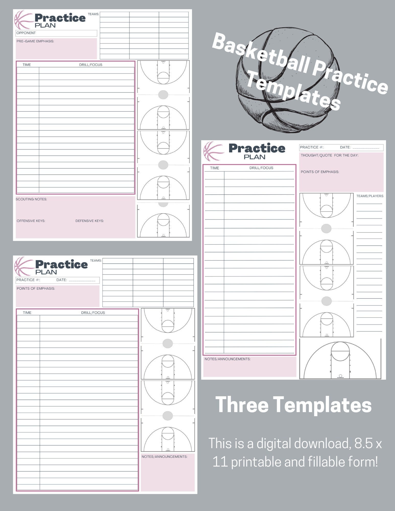 Basketball Practice Plan Templates (3) - Digital Download - Pink - Etsy