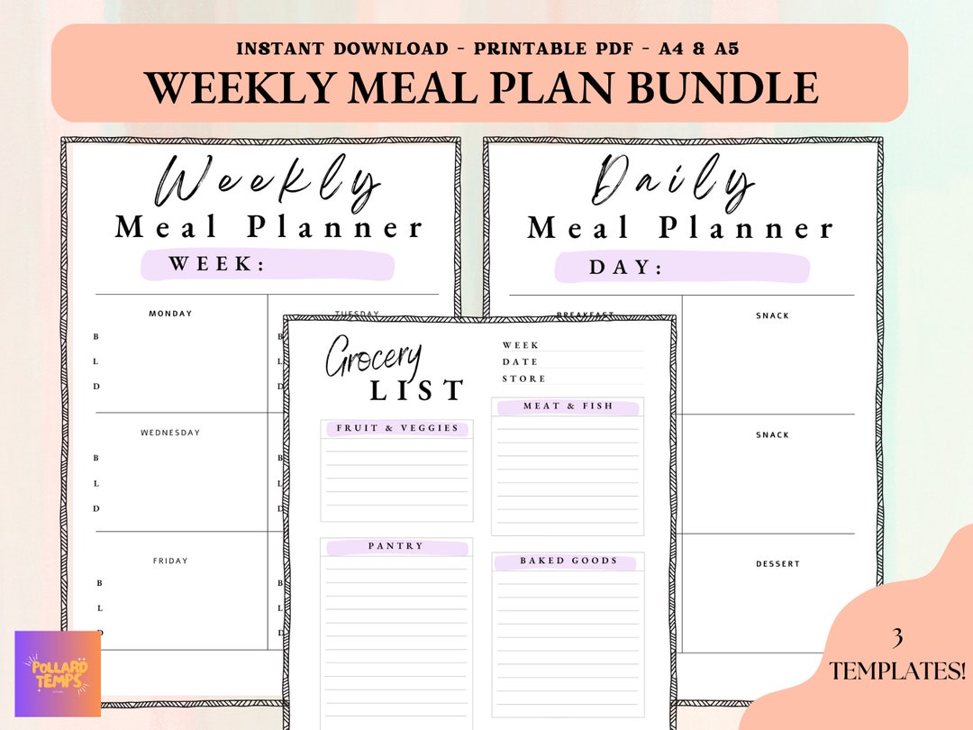 Meal Plan Template Bundle, Meal Planner Printable, Grocery List ...