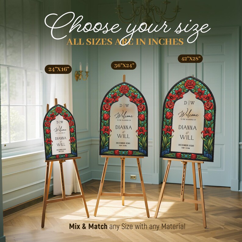 Red Floral Stained Glass Wedding Sign, Mirror Wedding Welcome Sign ...