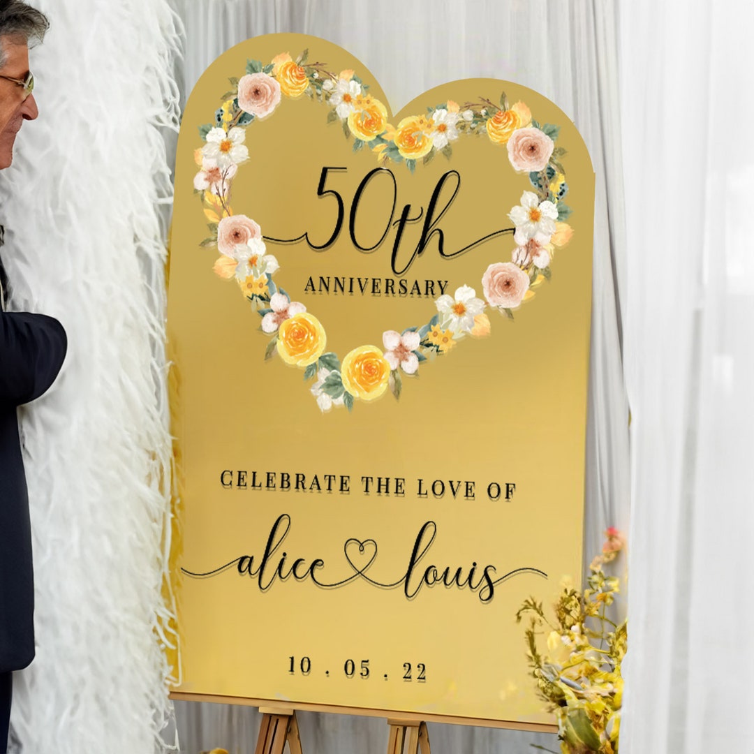 50th Wedding Anniversary Sign, Golden Anniversary Mirror Welcome Sign ...