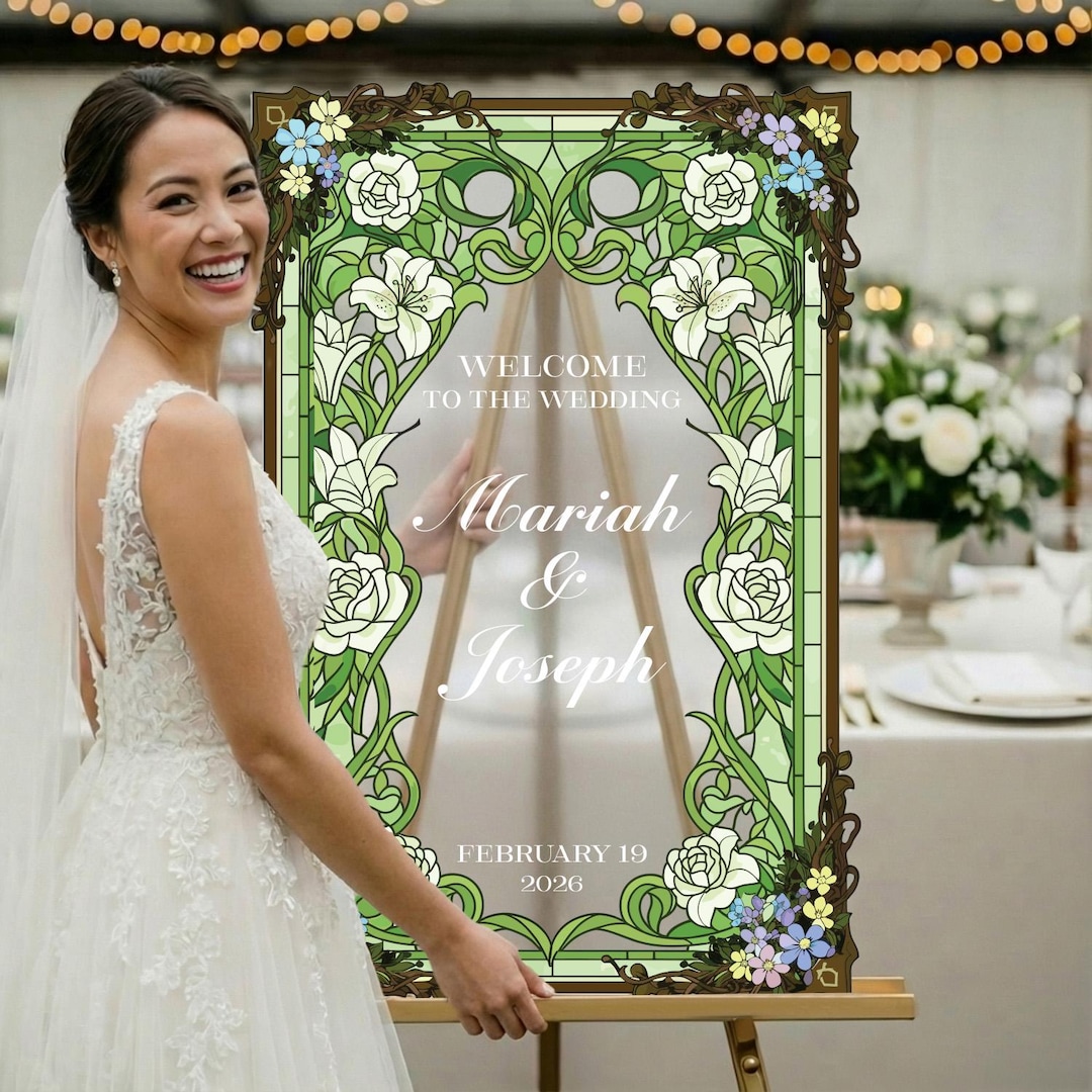 Wedding Welcome Sign, Green Stained Glass Wedding Signs, Acrylic Floral ...